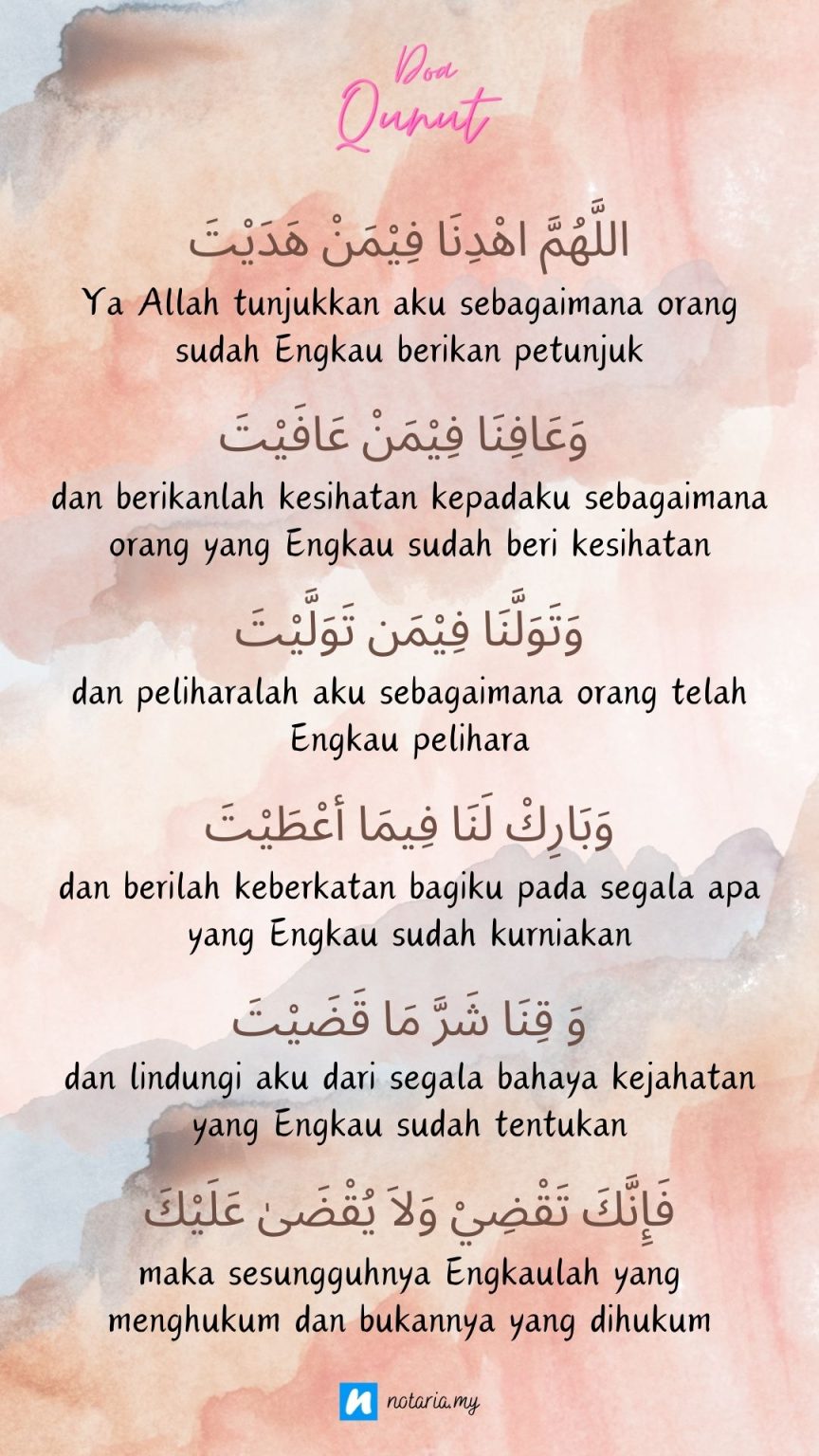 Panduan Bacaan Doa Qunut Rumi Dan Jawi Serta Terjemahan Dalam Solat ...
